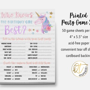 Unicorn Birthday Game, Magical Birthday Party Game, Who Knows the ...