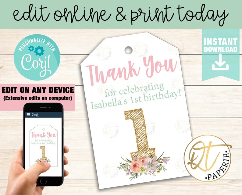 1st Birthday Thank You Tag Instant Download Floral Thank You - Etsy