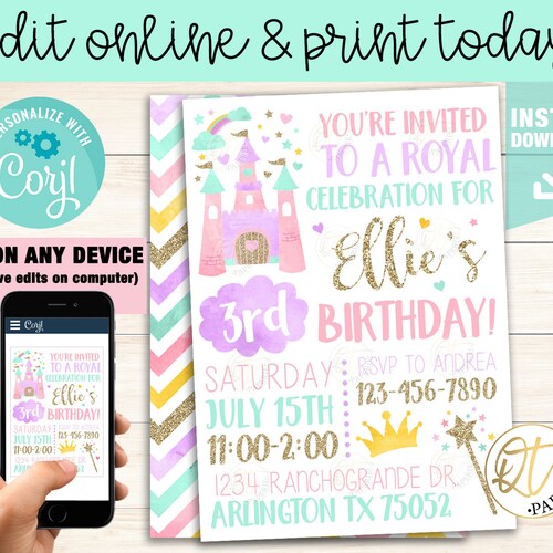 Editable Princess Birthday Invitation Template Princess Party - Etsy