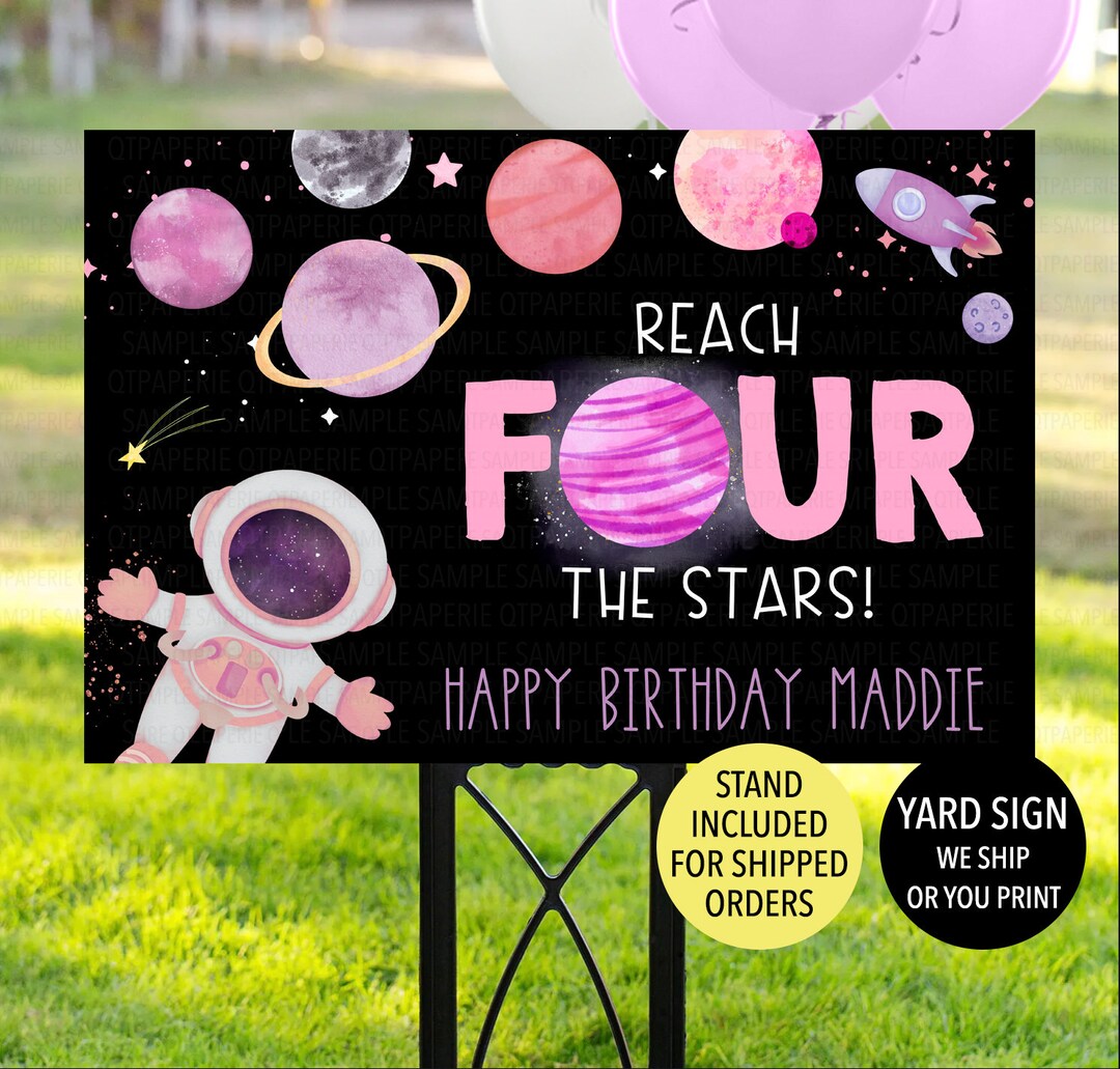 Girl Reach FOUR the Stars Sign, Space 4th Birthday Sign, Outer Space ...
