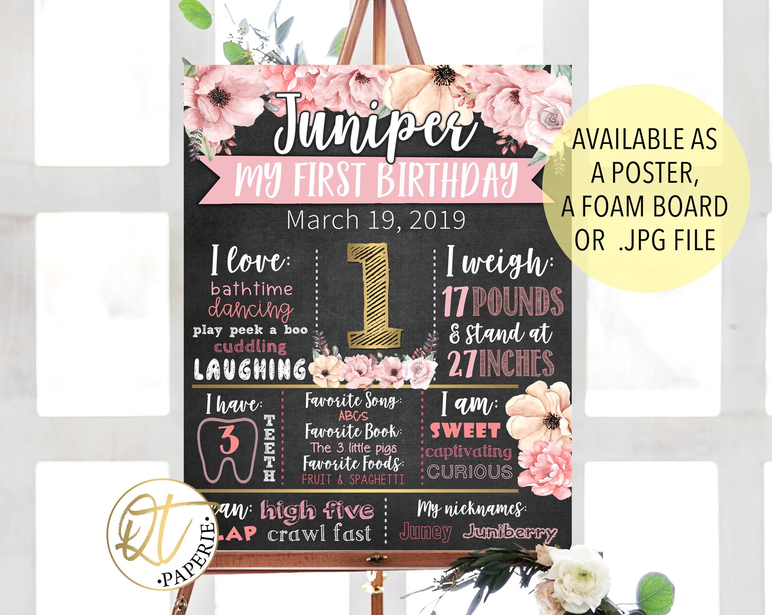 First Birthday Chalkboard, Floral Chalkboard Sign, 1st Birthday ...