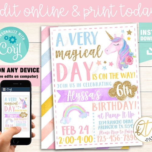 Unicorn Invitation Unicorn Invite Instant Download Unicorn | Etsy