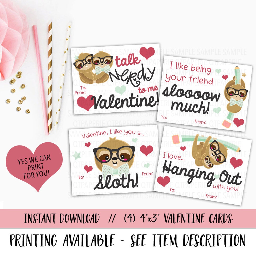Sloth Valentines Day Card for Kids, Printable Sloth School Valentines ...