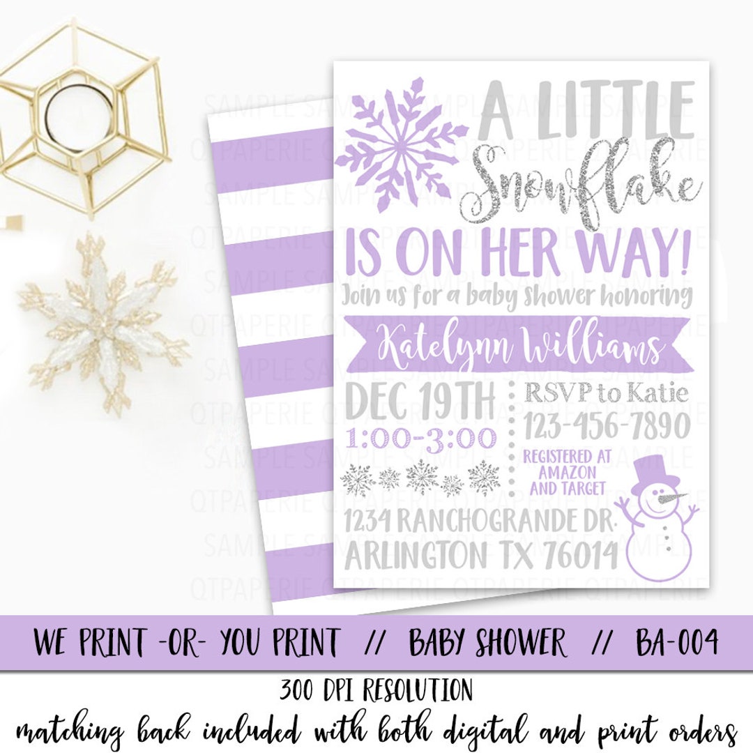 Lilac Snowflake Baby Shower Invitation, Winter Baby Shower Invite ...