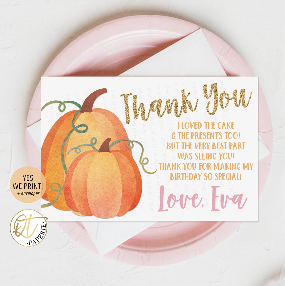 Pumpkin Thank You Card, Pumpkin Birthday Thank You, Pumpkin 1st ...