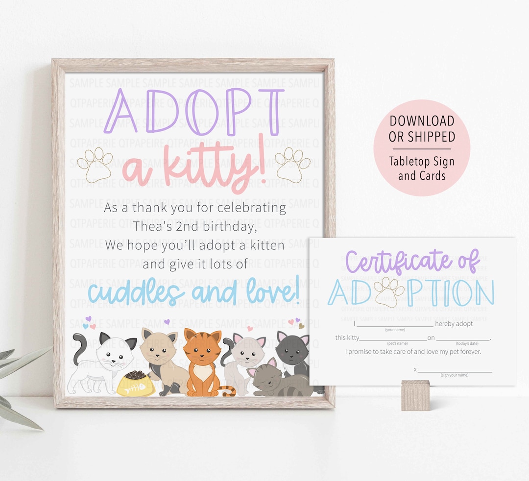 Adopt a Kitten Sign, Kitty Adoption Certificate, Kitten Birthday, Cat ...