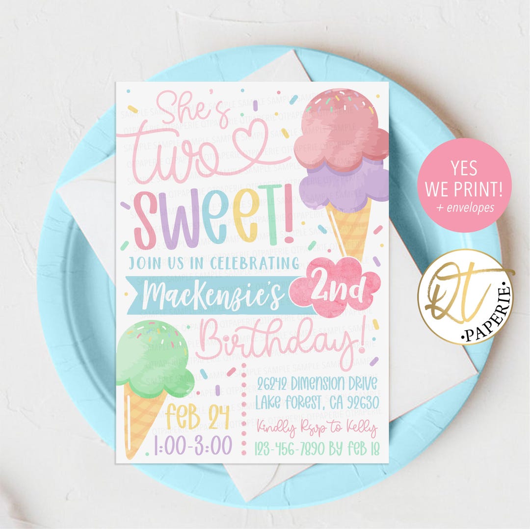 Ice Cream 2nd Birthday Invitation, Two Sweet Birthday Invitation, Too ...