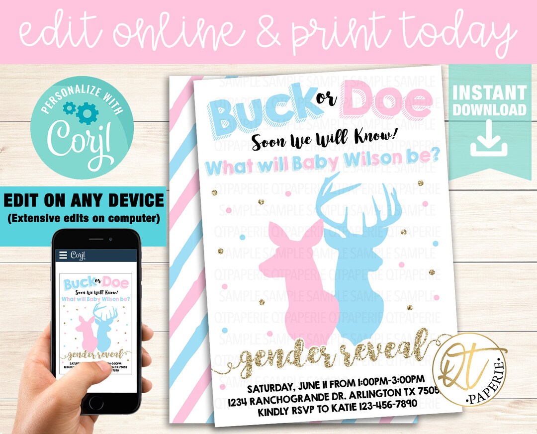 Deer Gender Reveal Invitation, Buck Doe Gender Reveal Invite, Hunting ...