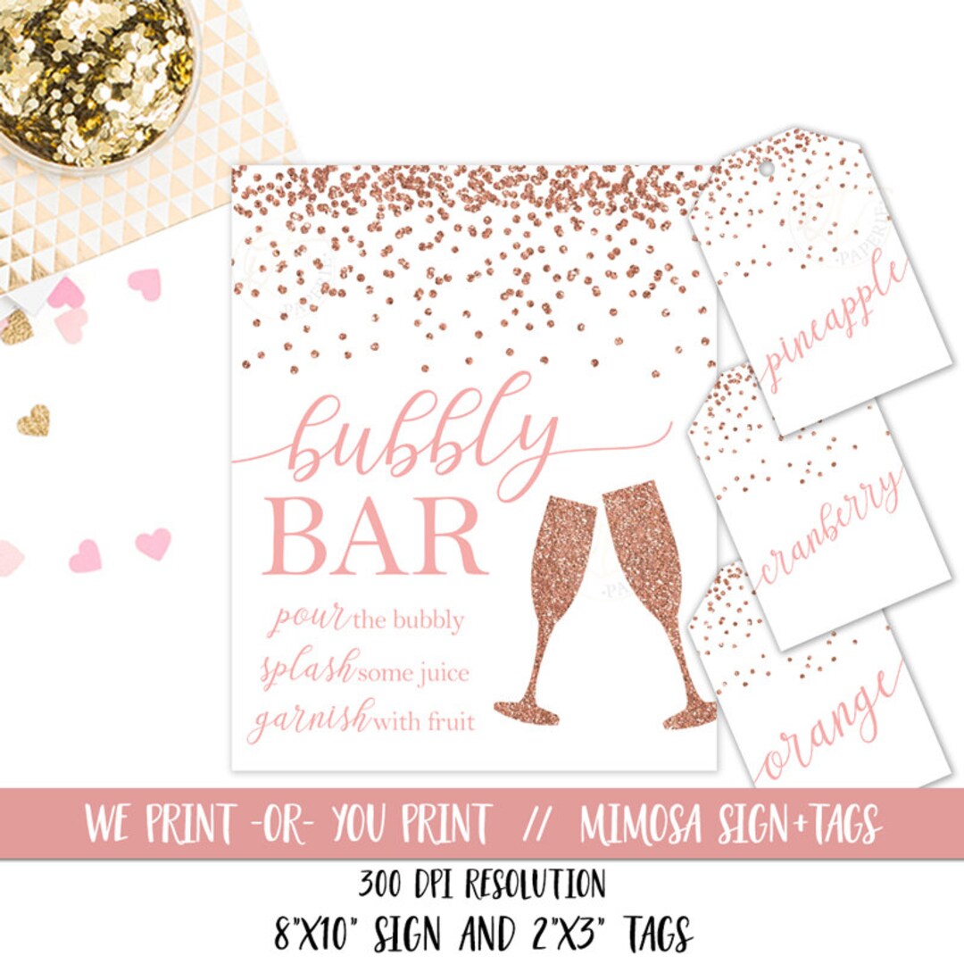 Rose Gold Mimosa Bar, Rose Gold Bar Sign, Bubbly Bar Tag, Rose Gold ...