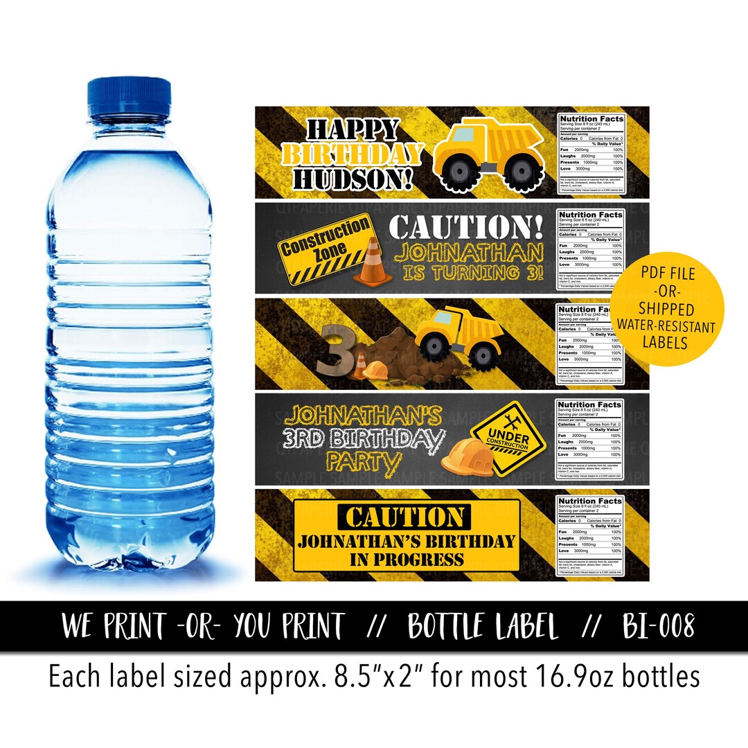 Construction Bottle Labels, Printed Construction Birthday Water Bottle ...