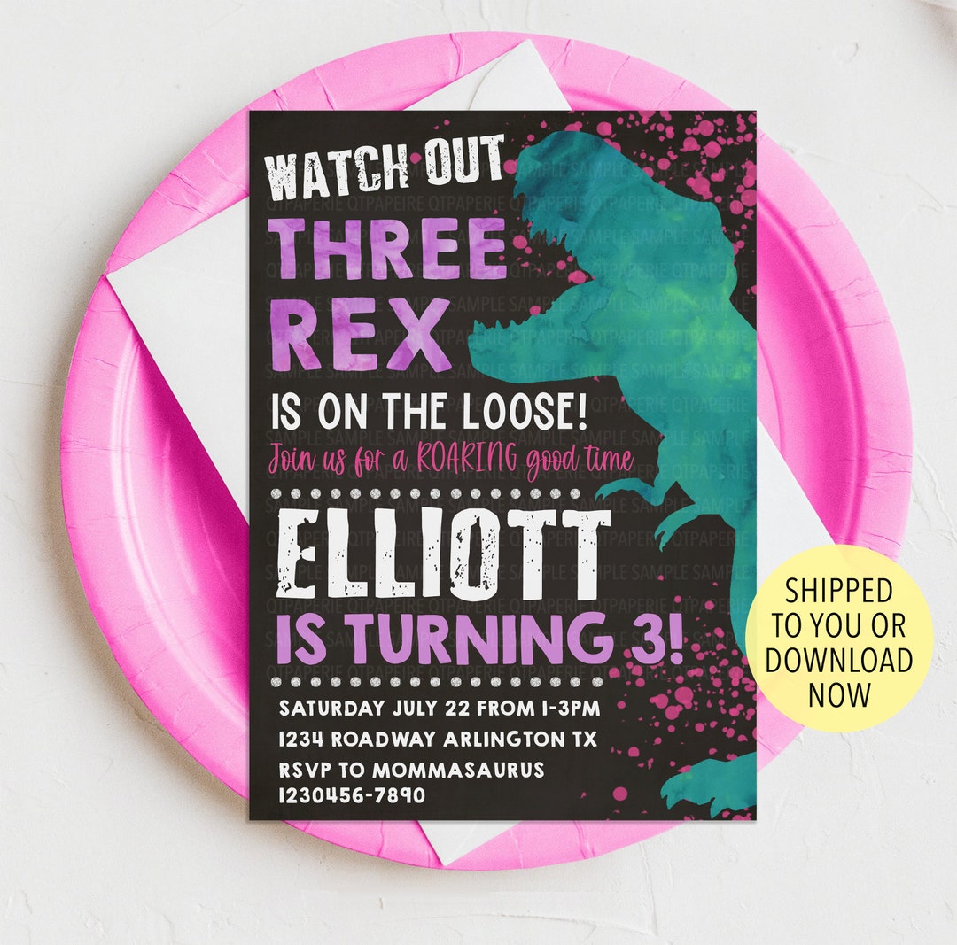 Girl Three Rex Birthday Invitation, Girl Dinosaur Birthday Invite, 3rd ...