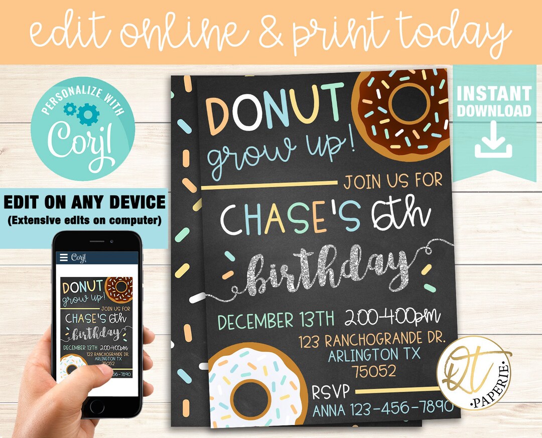 Editable Donut Grow up Invitation, Boy Donut Invite, Donut Invitation ...