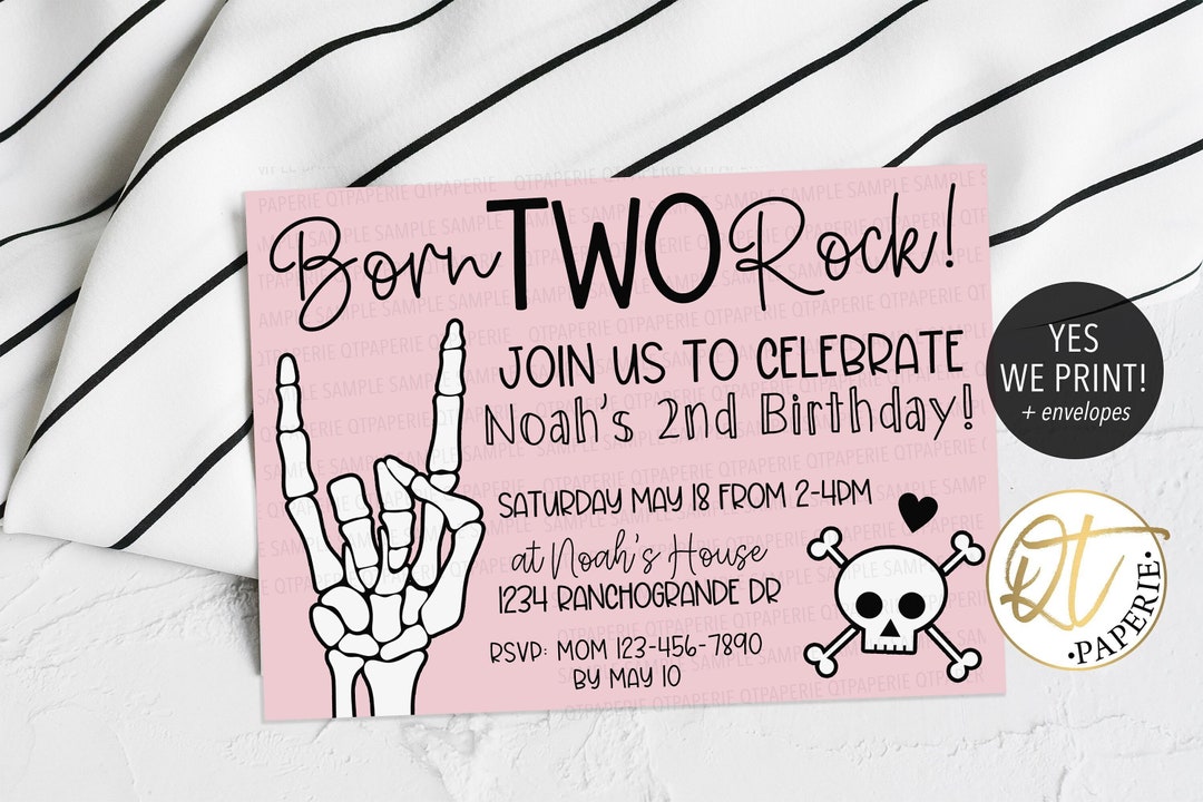 Girl Born TWO Rock Invitation, Born 2 Rock Birthday Invite, Punk 2nd ...