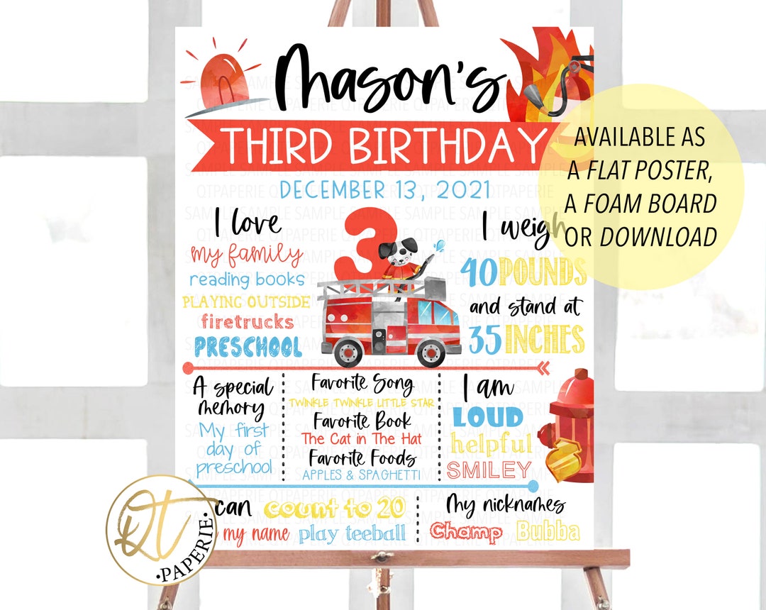Firefighter Birthday Sign, Firetruck 3rd Birthday Poster, Fireman ...