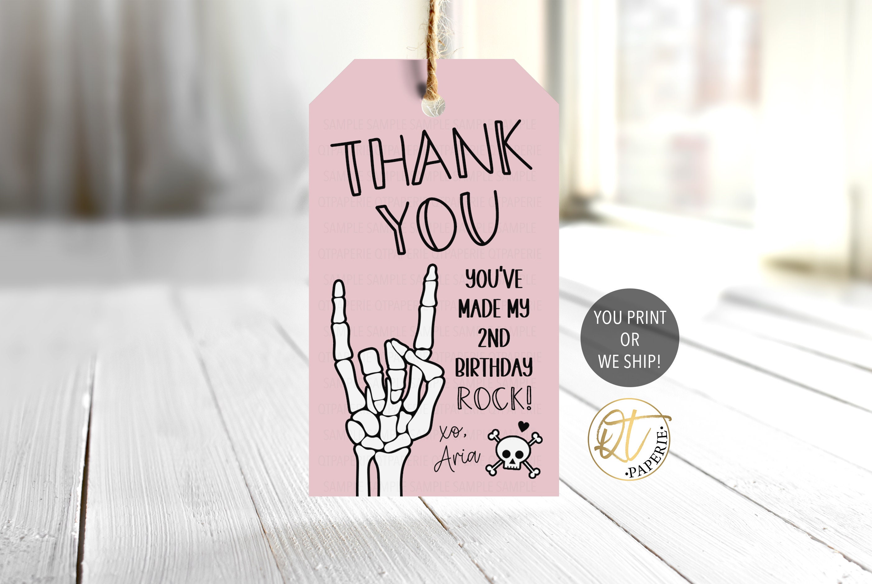 Pink Bad Two the Bone Thank You Tag, Girl Rock on Birthday Thank You ...