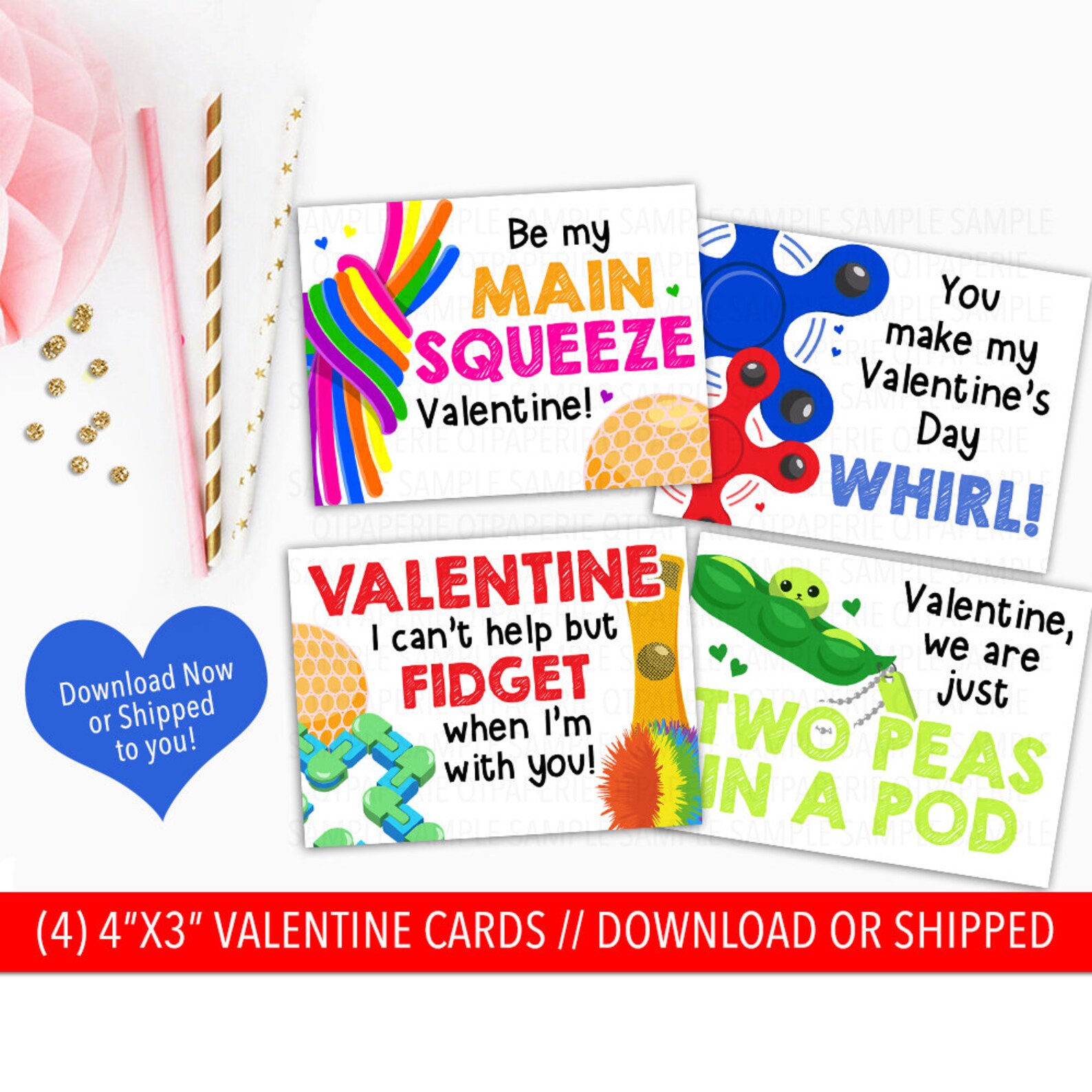 Fidget Valentine Day Card for Kids, Fidget Toy Gift Tag, Fidget Spinner ...