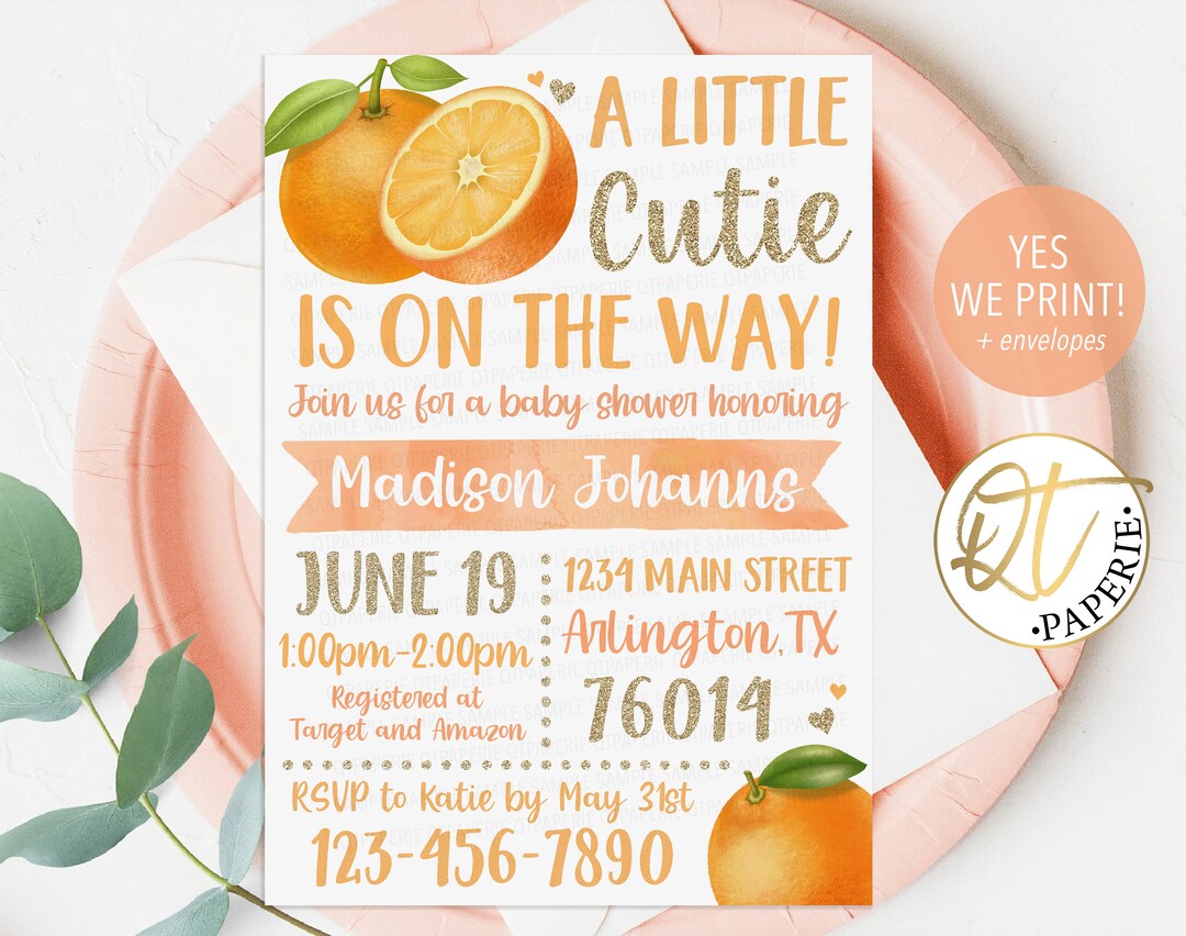 Little Cutie Baby Shower Invitation, Cutie Orange Baby Shower, Glitter ...