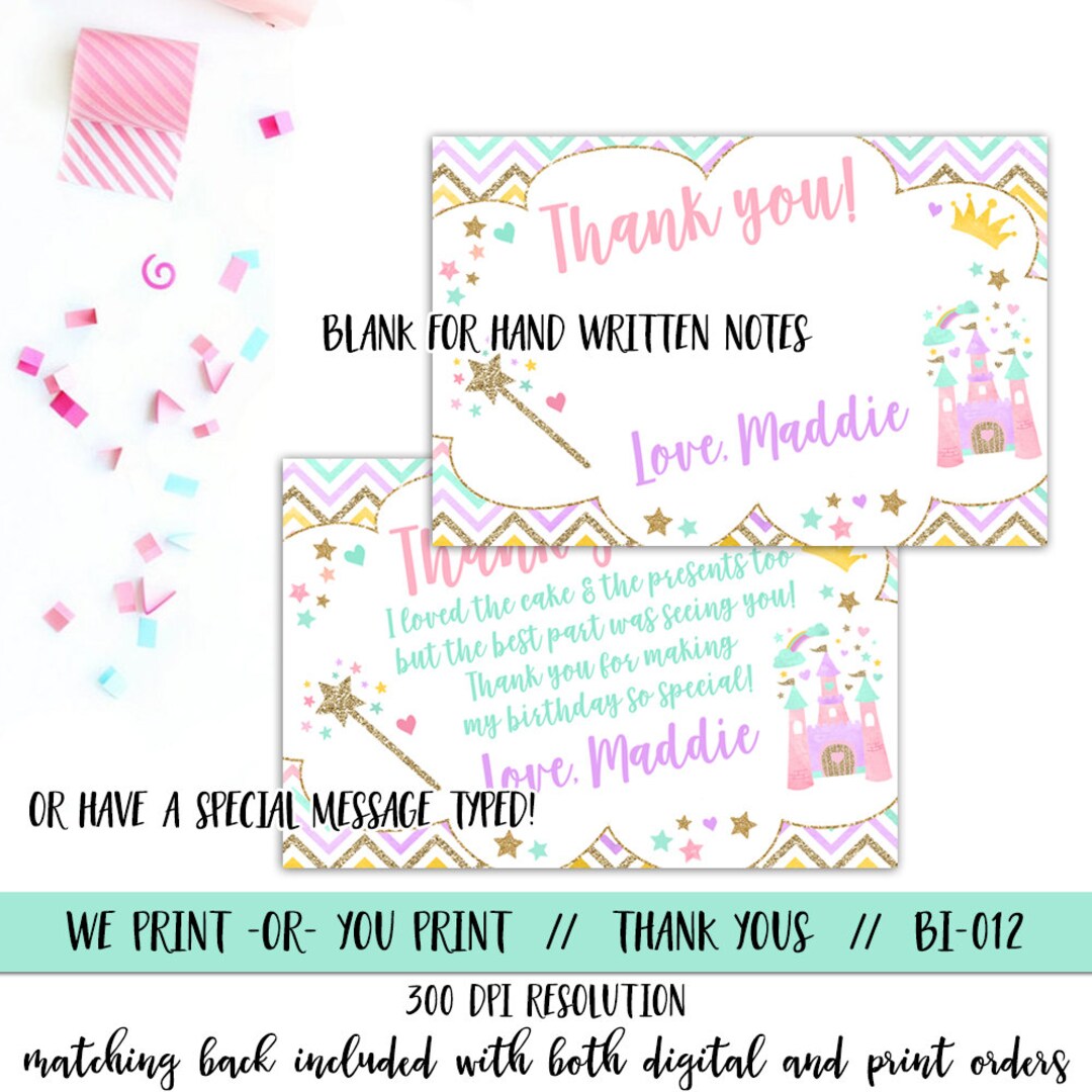 Princess Thank You Card, Princess Birthday Thank You, Princess Party ...