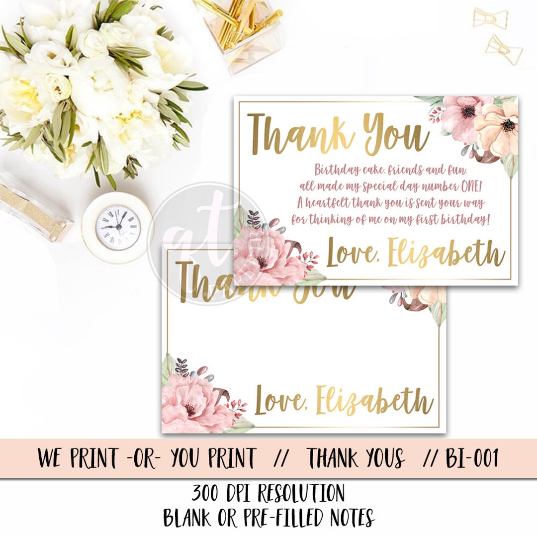 First Birthday Thank You Card, 1st Birthday Thank You, Floral Thank You ...