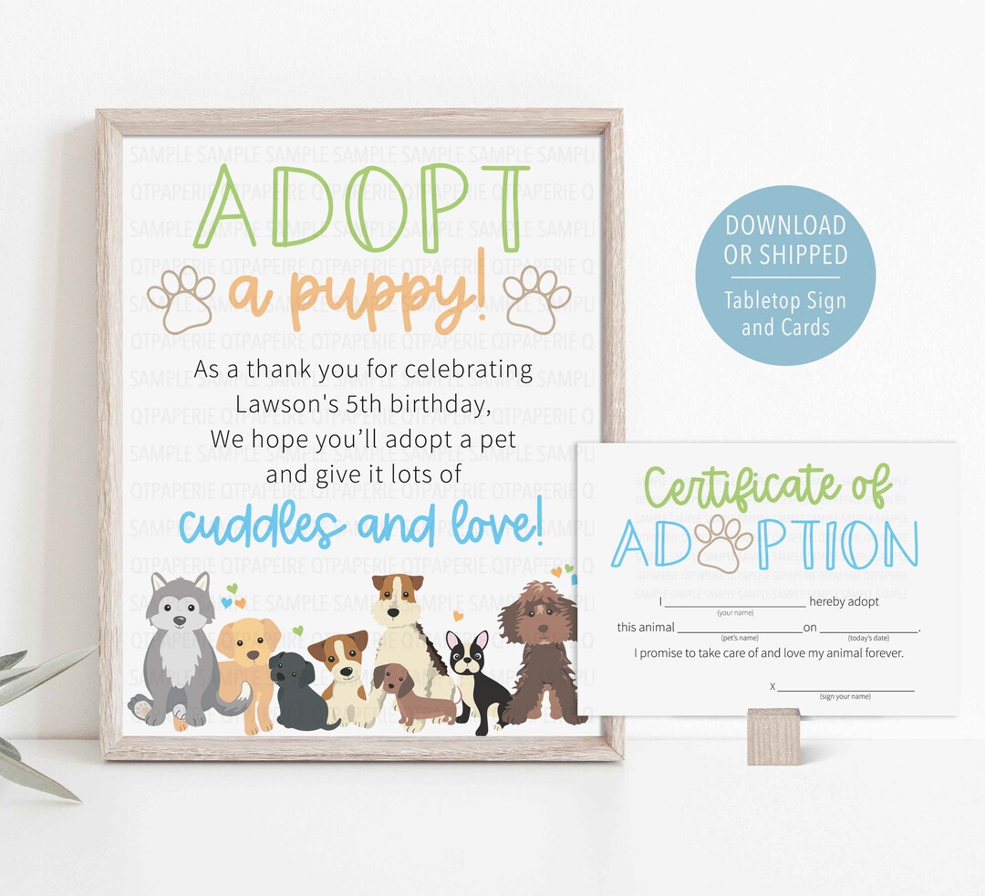 Boy Adopt a Puppy Sign, Puppy Adoption Certificate, Puppy Birthday, Dog ...