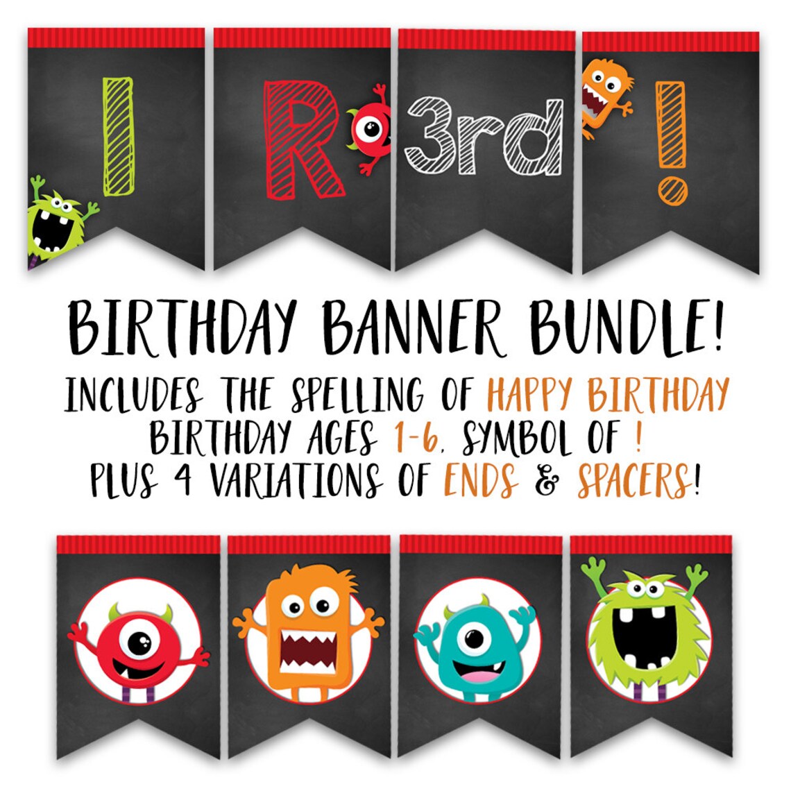 Monster Birthday Banner, Monster Happy Birthday Banner, Monster Party ...