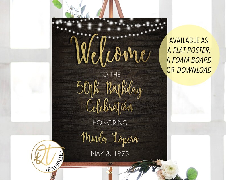 50th Birthday Welcome Sign, Rustic Gold Birthday Celebration Sign ...