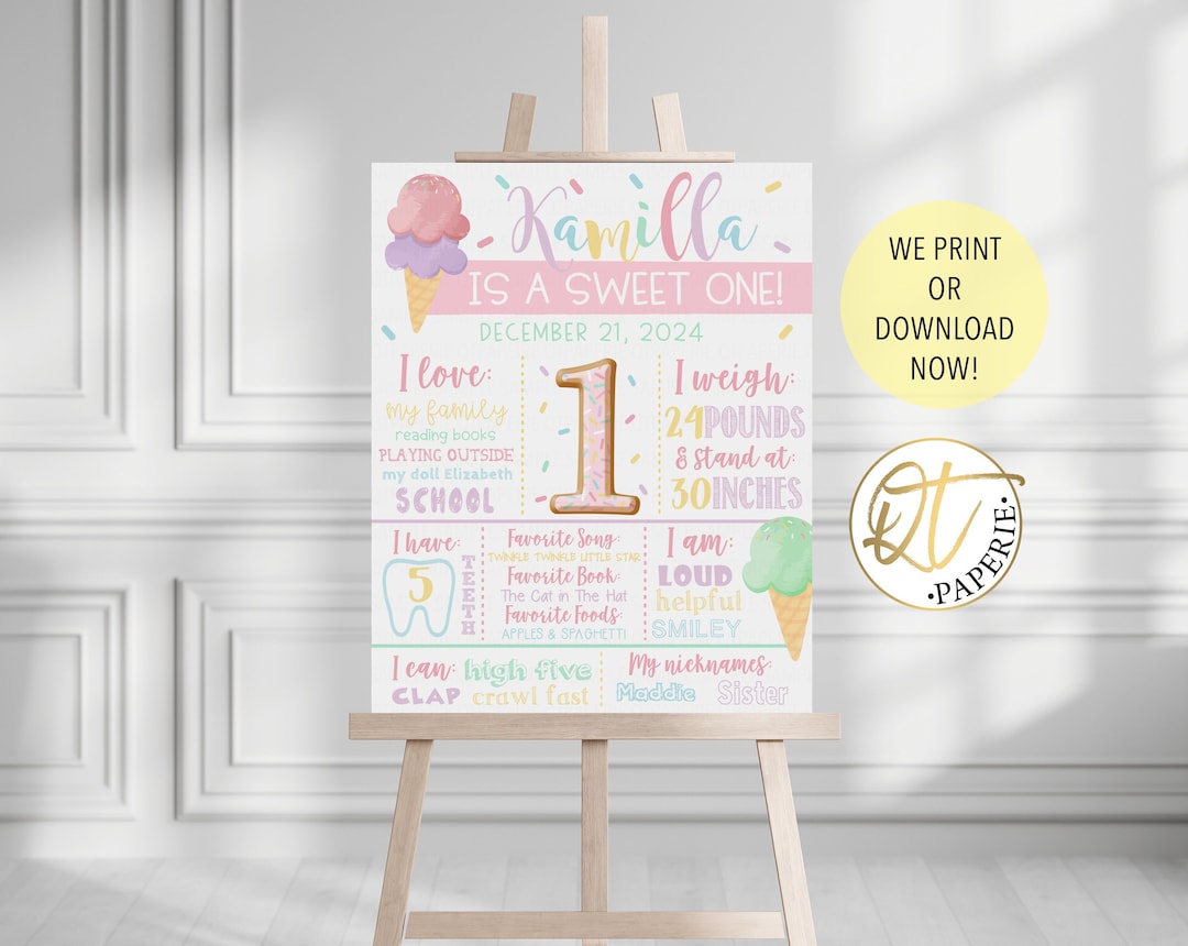 Ice Cream 1st Birthday Sign, Sweet One First Birthday Poster, First ...
