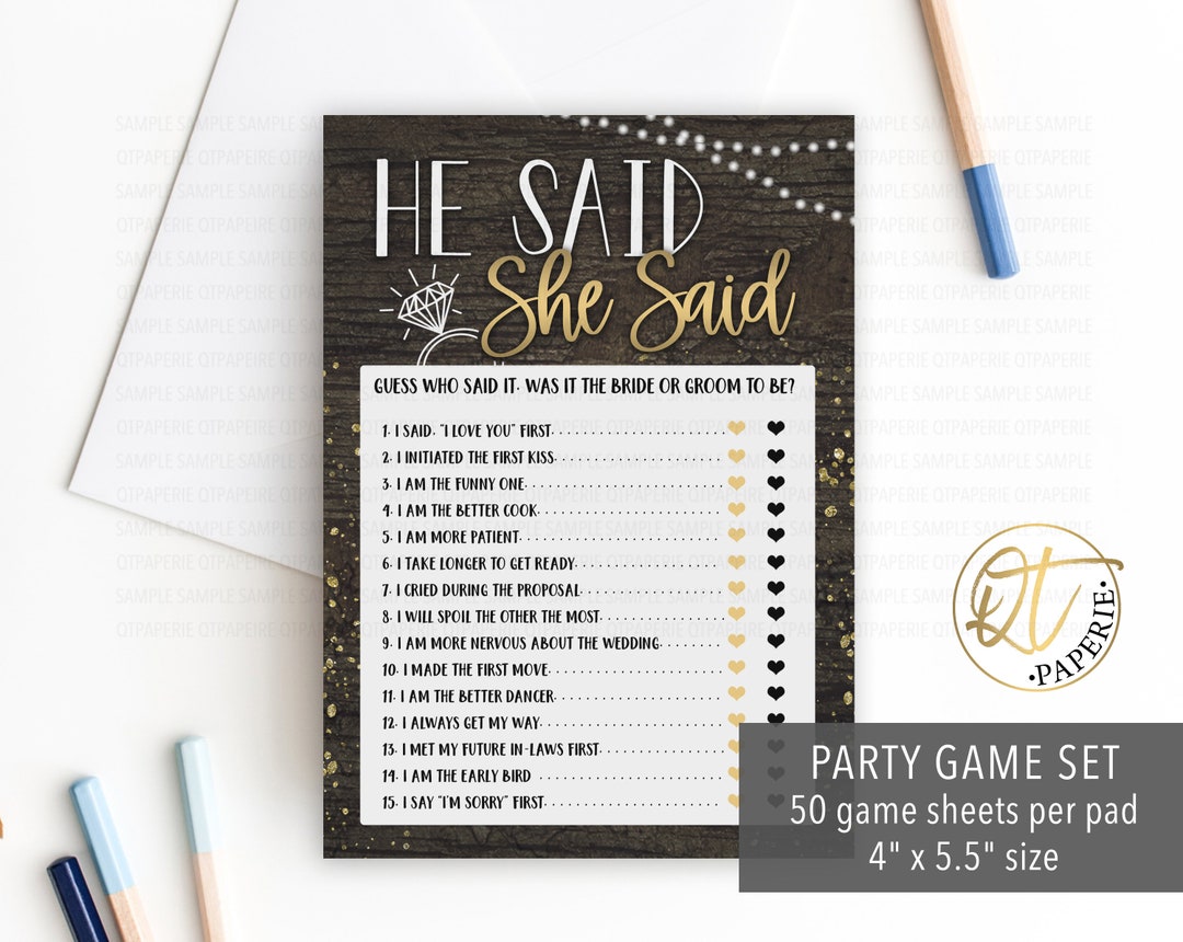 Rustic Gold He Said She Said Game, Engagement Party He Said She Said ...