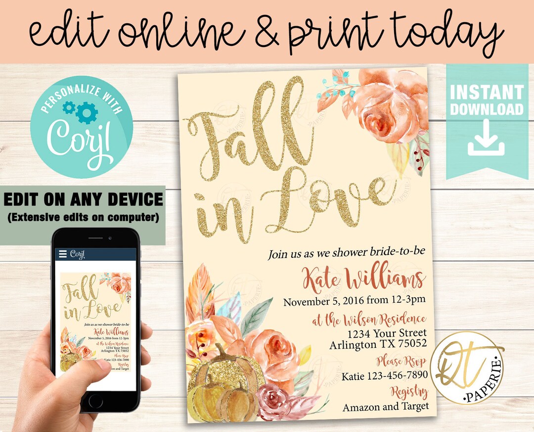 Fall in Love Bridal Shower Invitation Template, Pumpkin Bridal Shower ...