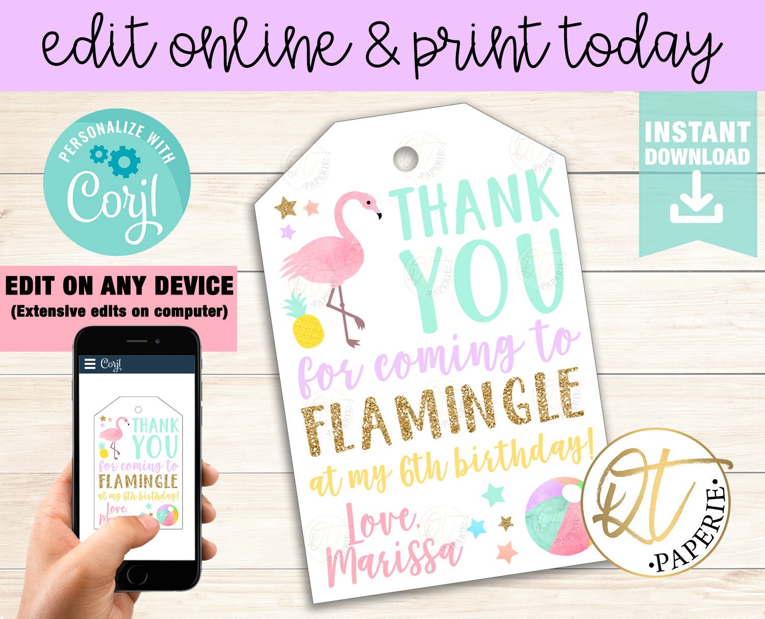 Flamingo Birthday Thank You Tag, Instant Download Flamingo Tag, Pool ...