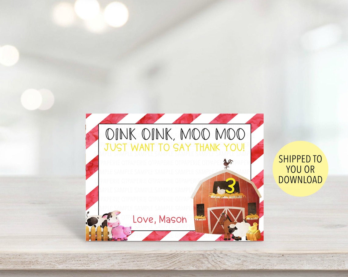 Farm Thank You Card Farm Birthday Thank You Barnyard Party - Etsy
