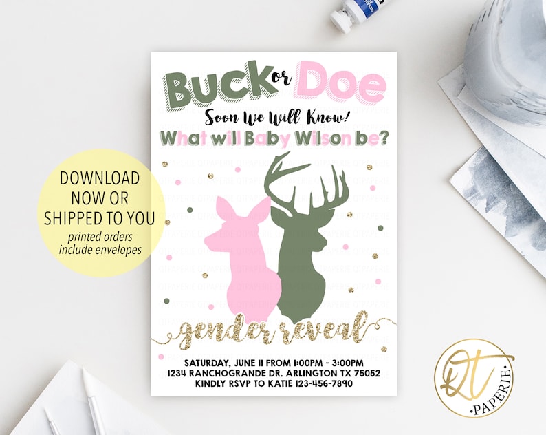 Buck or Doe Invitation, Camo Buck or Doe Gender Reveal Invite, Deer ...