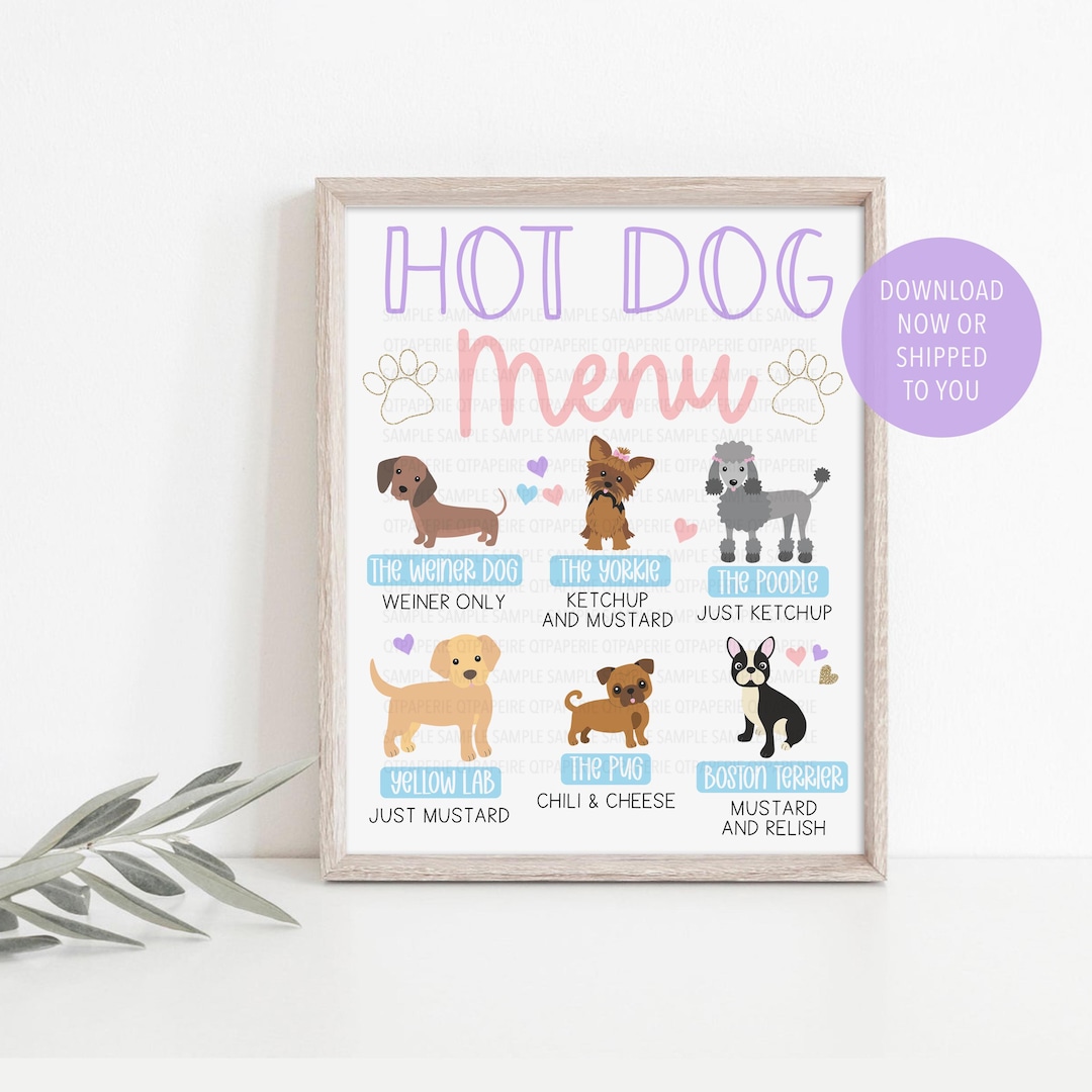 Hot Dog Menu Sign for Puppy Party | Printable Dog Birthday Food Station ...