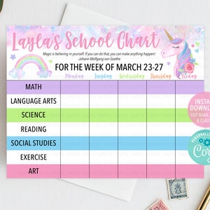 Unicorn Homeschool Printable, Printable Unicorn Weekly Task List, Girls ...