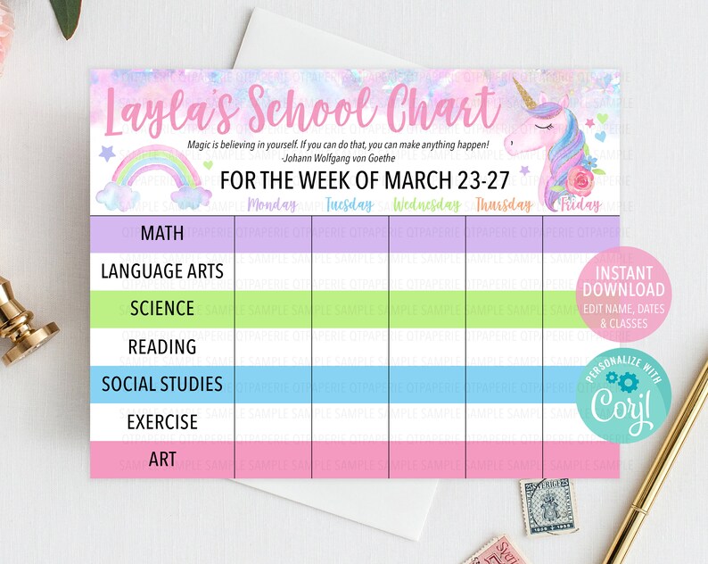 Unicorn Homeschool Printable Printable Unicorn Weekly Task - Etsy