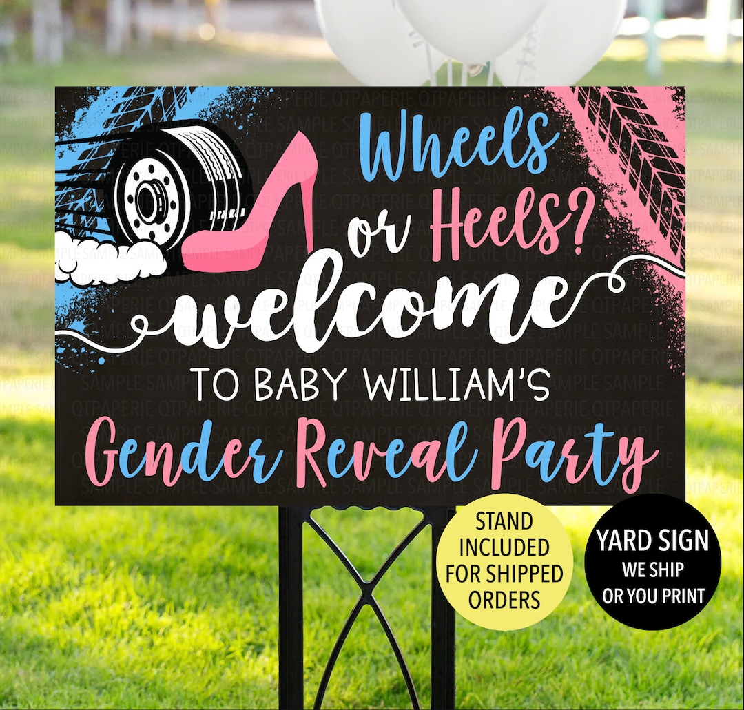 Wheels or Heels Gender Reveal Welcome Sign, Wheel Heel Reveal Yard Sign ...