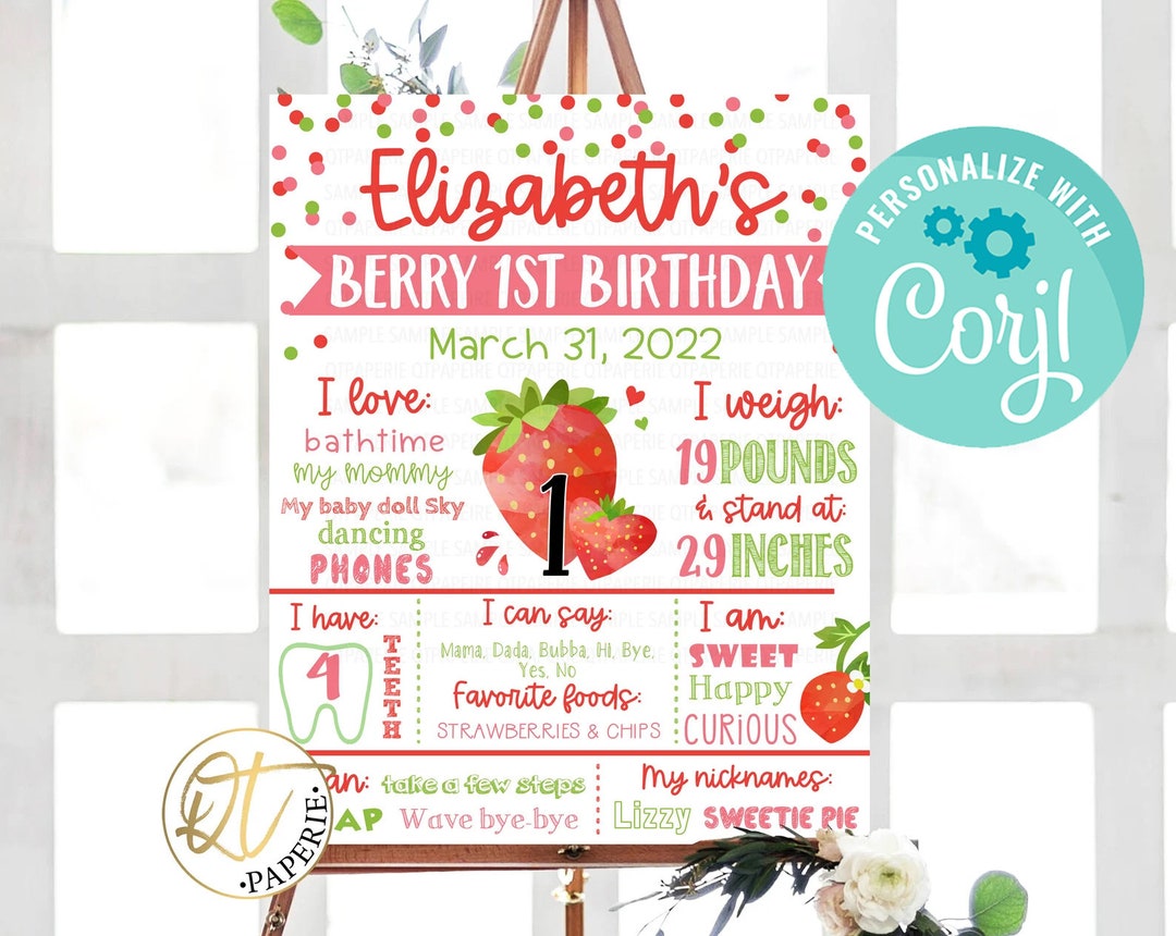 Strawberry Birthday Sign, Berry 1st Birthday, Editable Strawberry ...