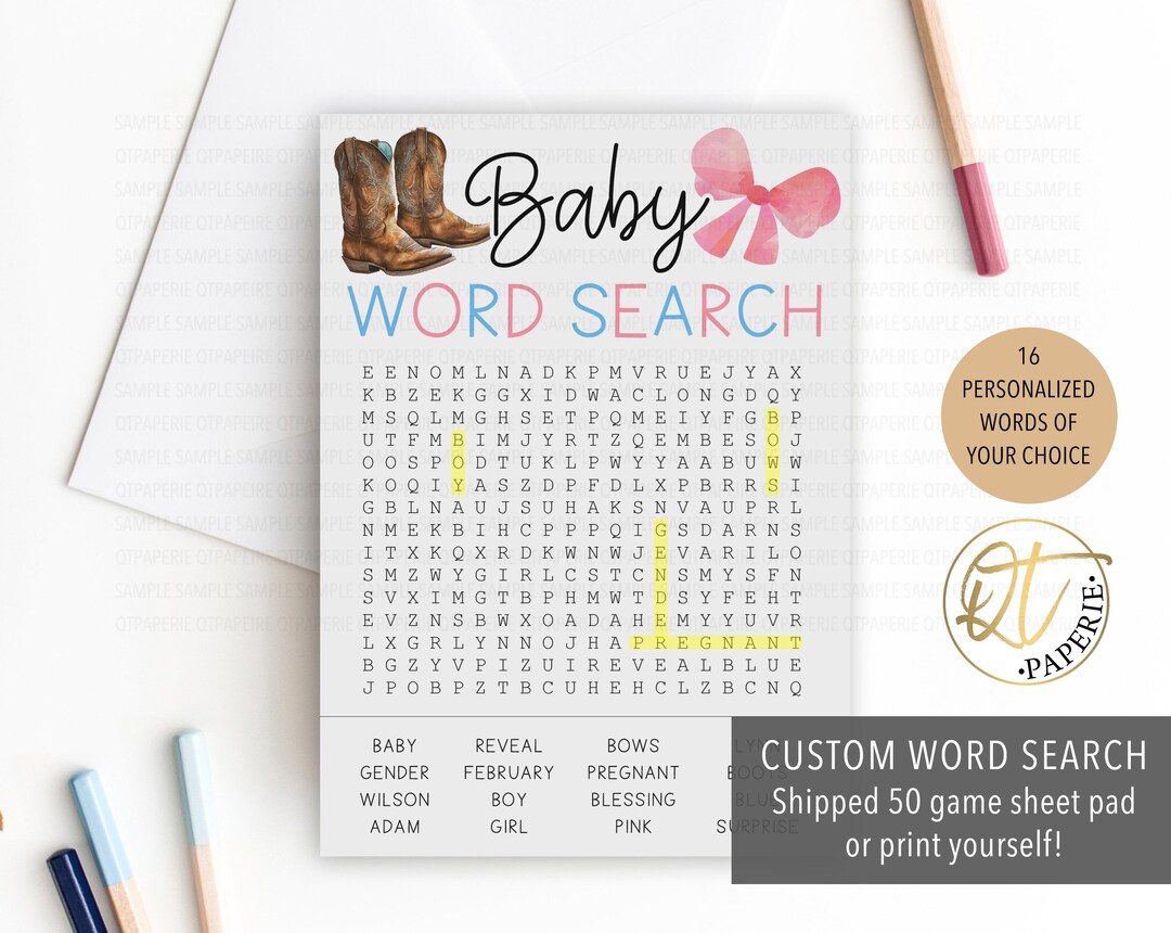 Boots and Bows Gender Reveal Word Search – Custom 16 Word Puzzle ...