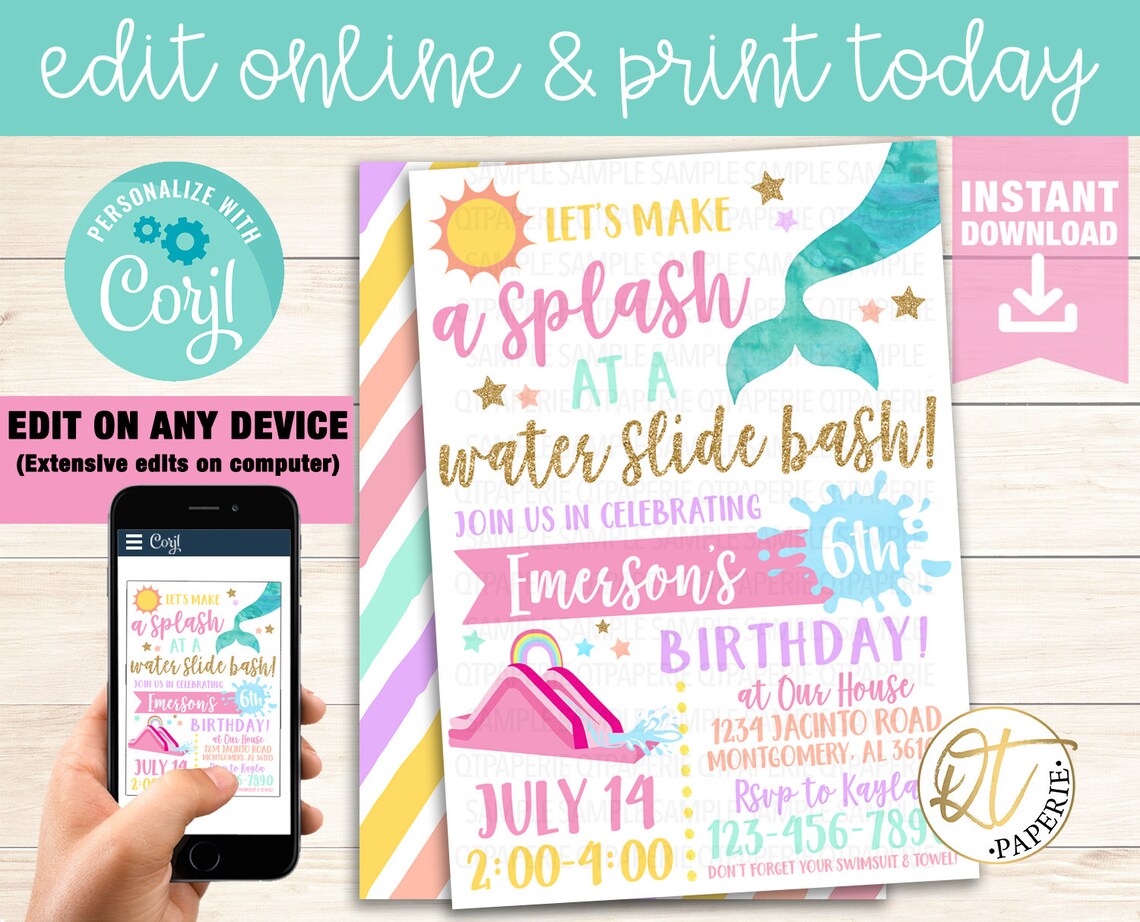 Mermaid Water Slide Invitation Template Mermaid Water Slide | Etsy