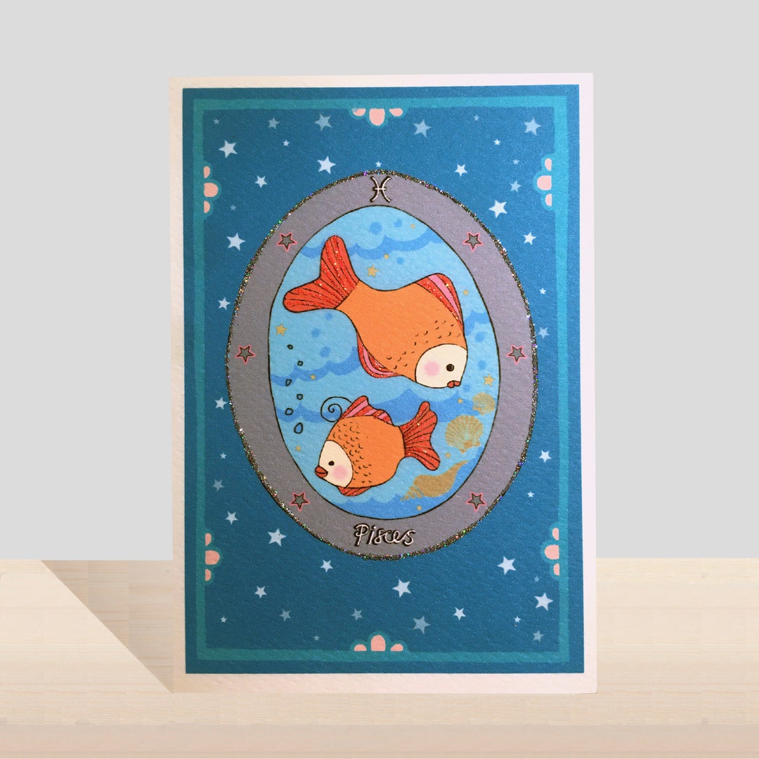 Pisces Zodiac Birthday Card, Star Sign Glitter Handmade Card, February ...