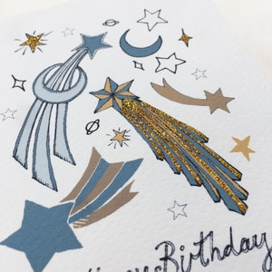 Shooting Stars Birthday Card, Handmade Celestial Greeting Card, Moon ...