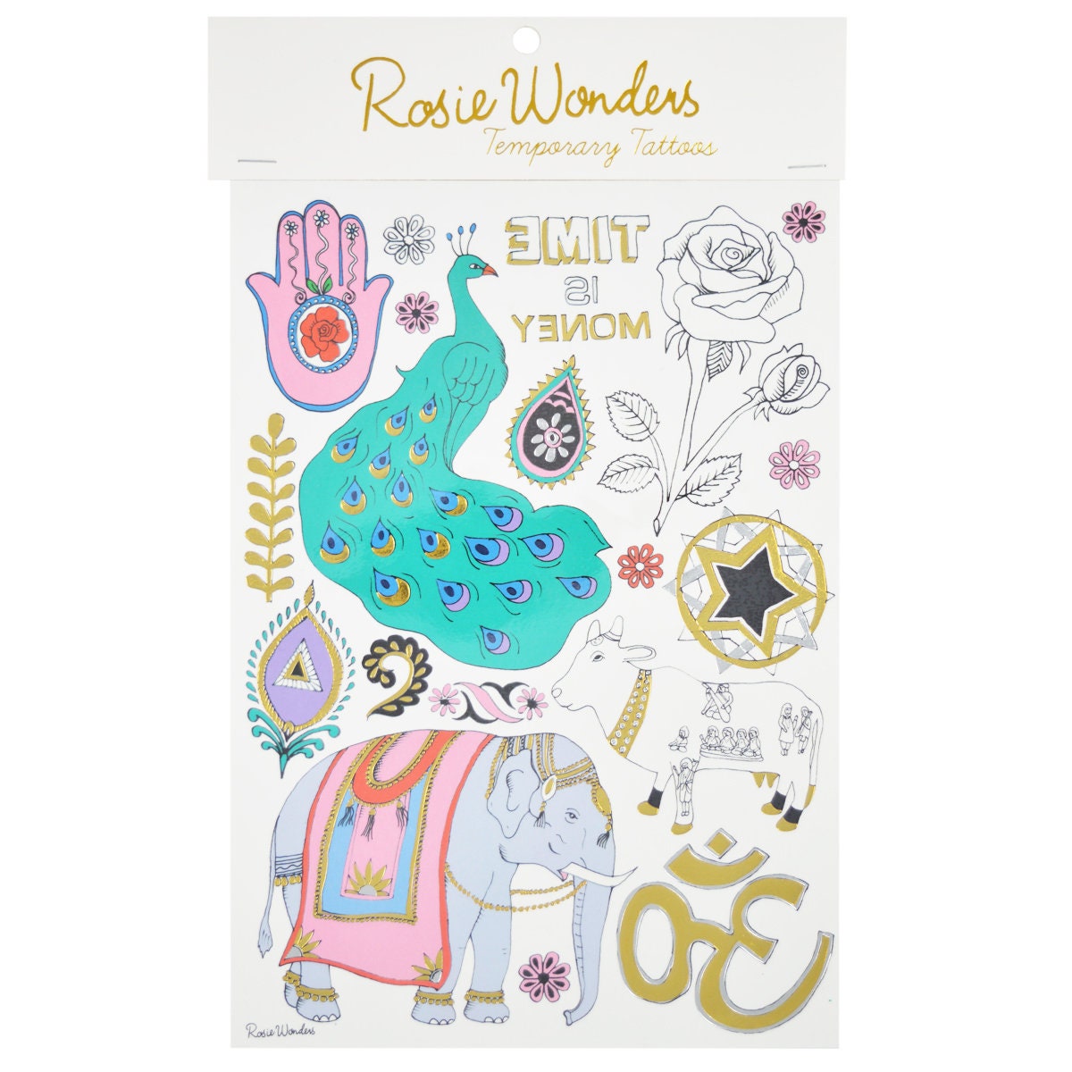 Indian Elephant A5 Temporary Tattoo Pack With Gold Ohm Sign, Yoga ...