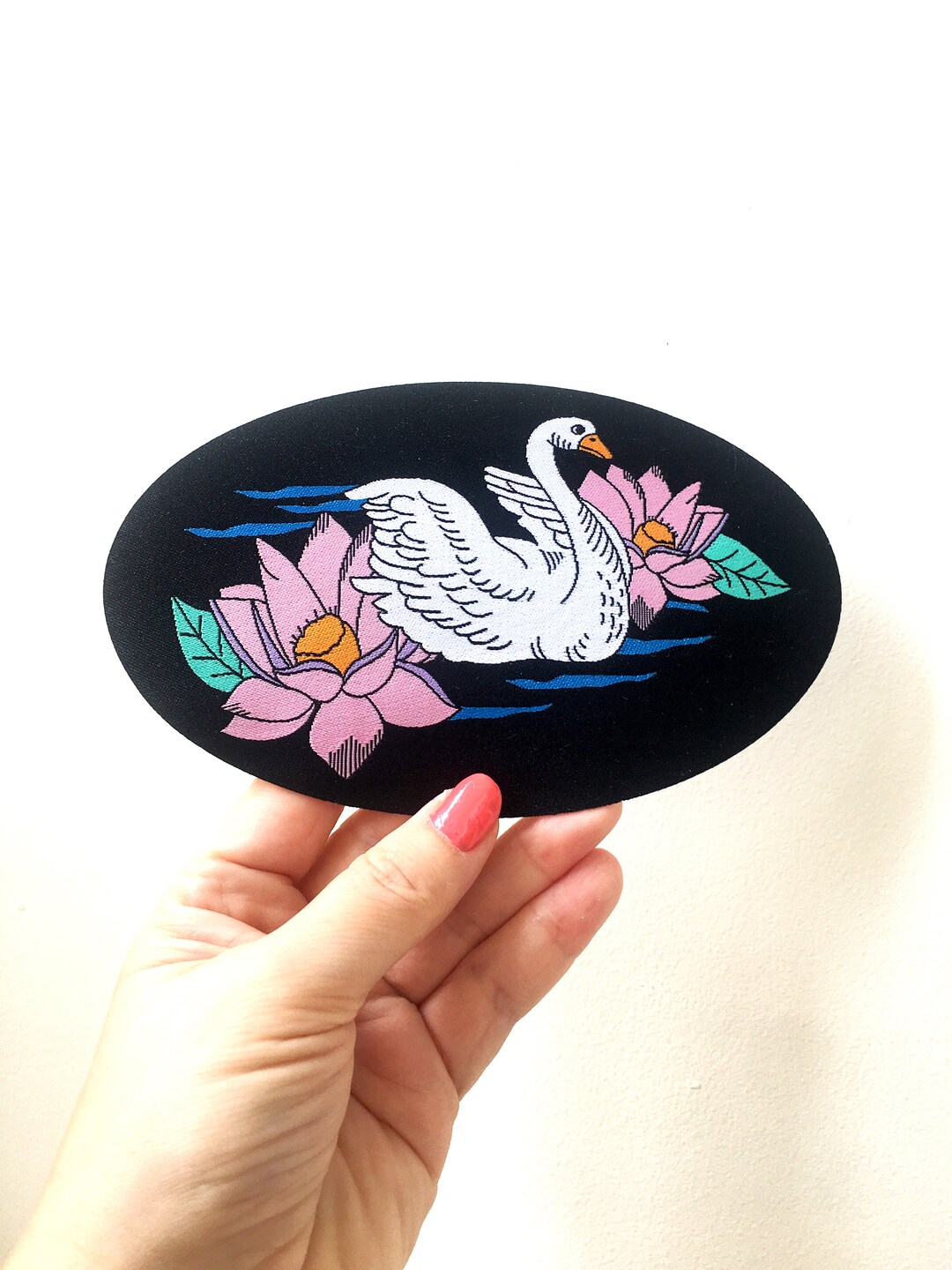 Swan and Lily Pad Iron on Patch, Swan & Lotus Flower Iron on Patch ...
