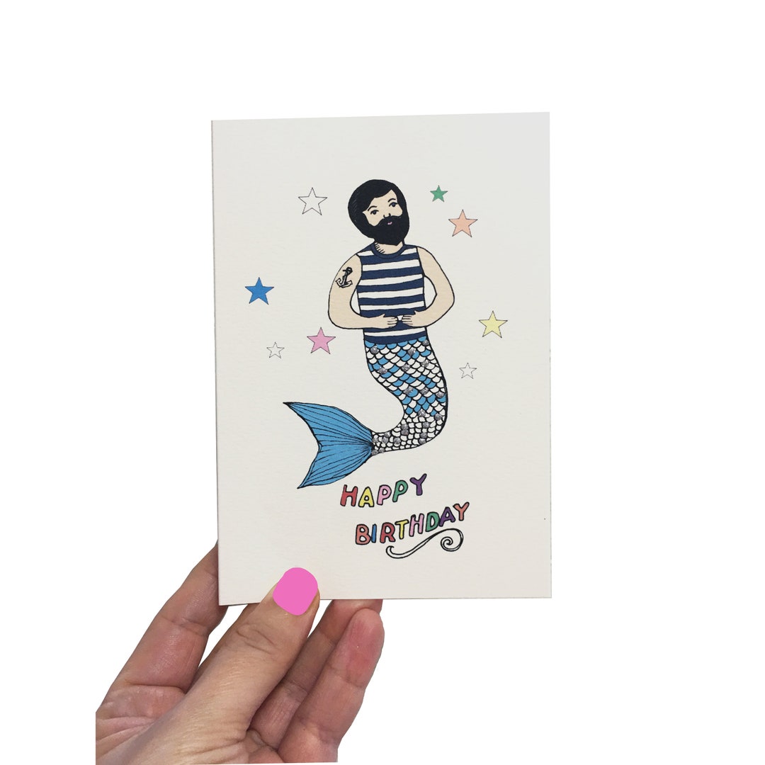 Merman Birthday Card, Bearded Man Handmade Card, Iridescent Glitter ...