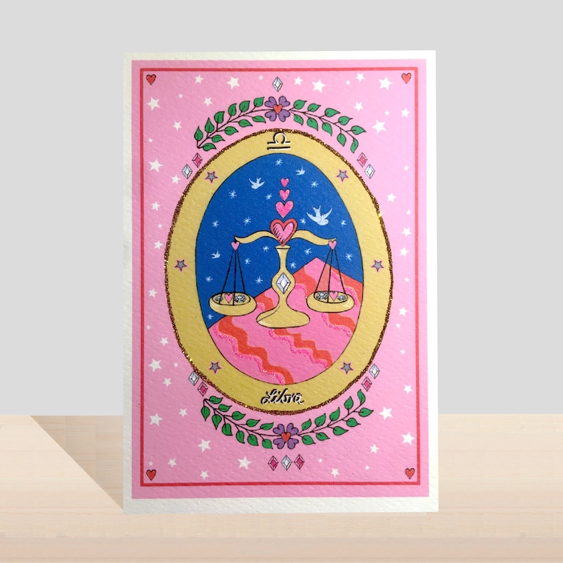 Libra Zodiac Birthday Card, Star Sign Glitter Handmade Card, September ...