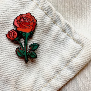 Red Rose Lapel Pin With Green Stem, Hard Enamel Pin, Valentines Gift ...