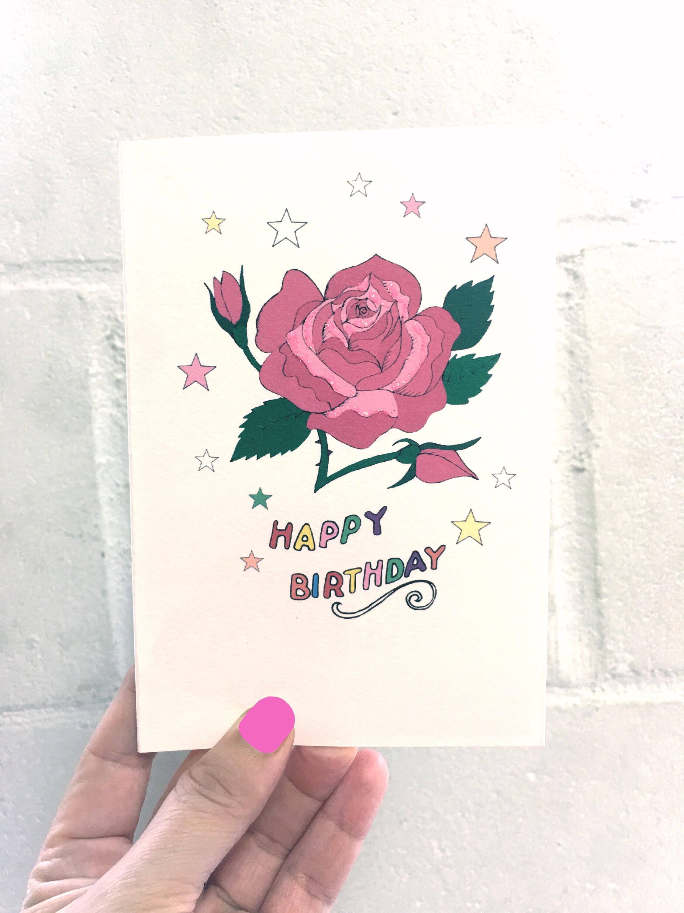 Rose Birthday Card Pink Rose Handmade Glitter Card Rose | Etsy