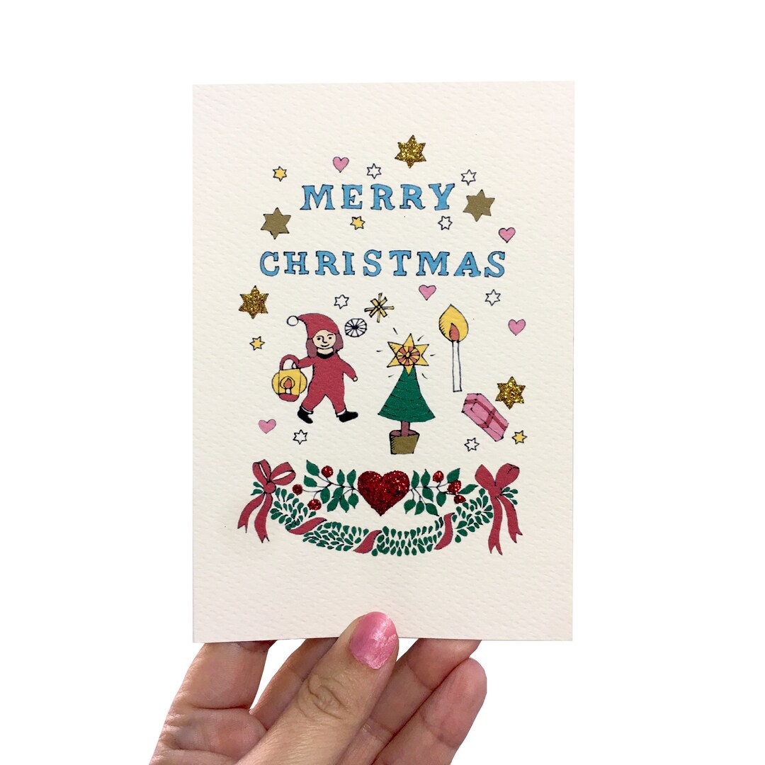 Merry Christmas Happy Elf Christmas Card, Swedish Style Glitter ...