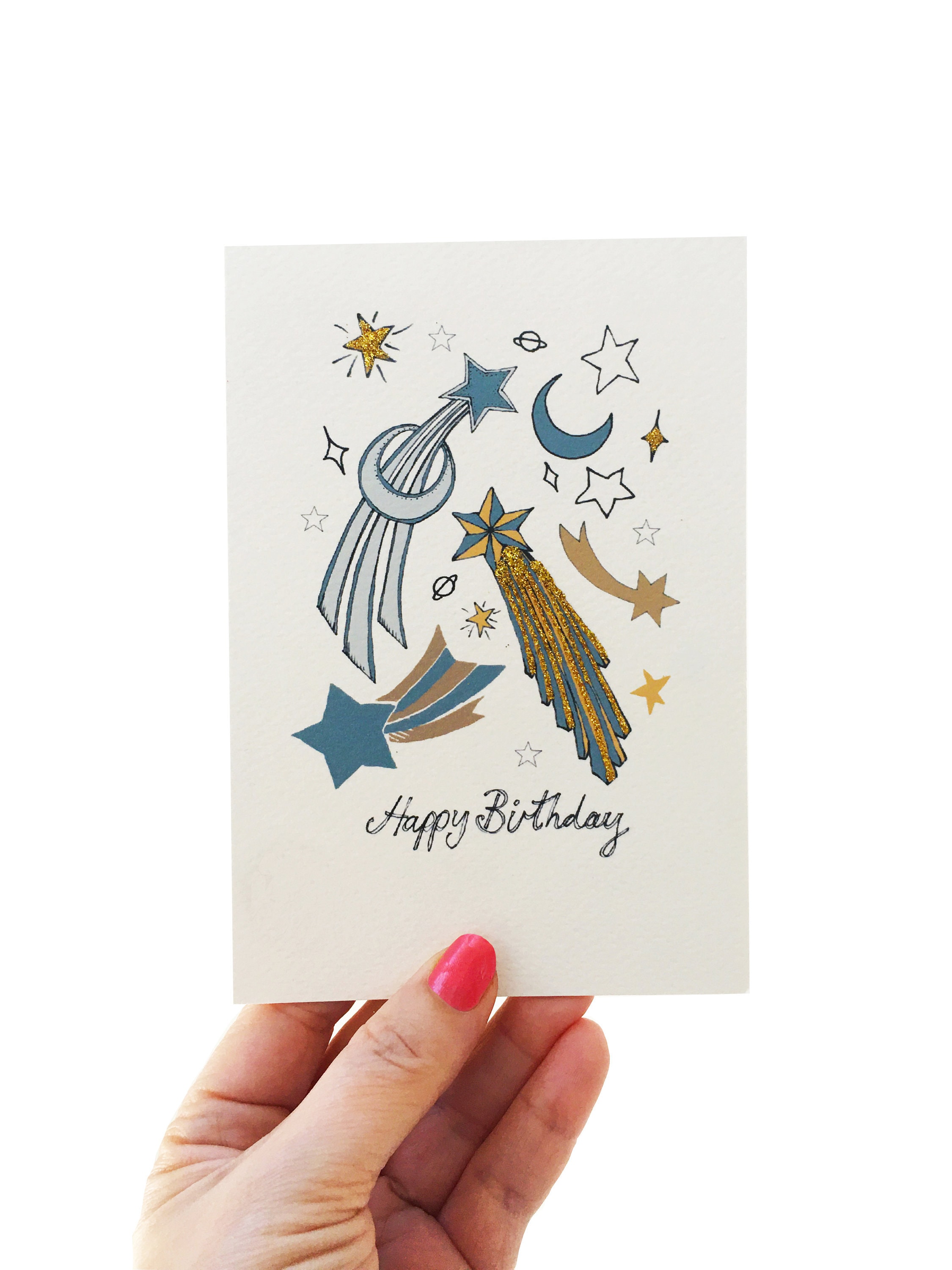 Shooting Stars Birthday Card, Handmade Celestial Greeting Card, Moon ...