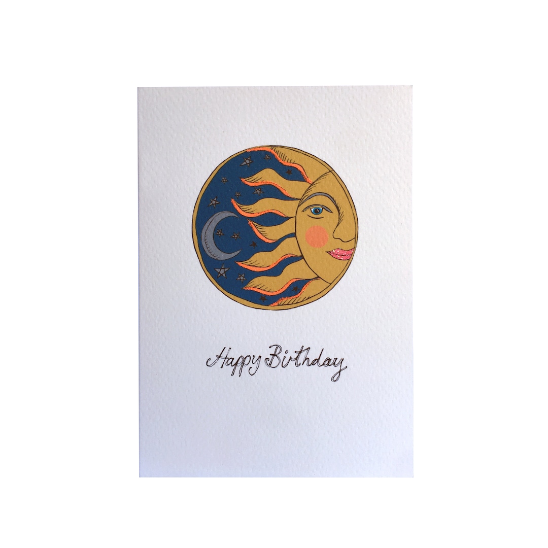 Sun and Moon Birthday Card, Handmade Smiling Sun Card With Pink and ...